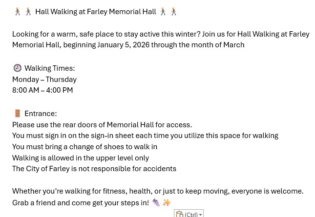 City of Farley - Memorial Hall Walking
